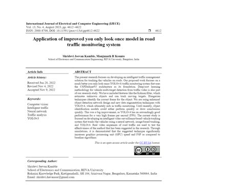 Pdf Application Of Improved You Only Look Once Model In Road Traffic Monitoring System