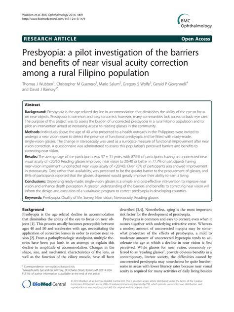 Pdf Presbyopia A Pilot Investigation Of The Barriers And Benefits Of Near Visual Acuity