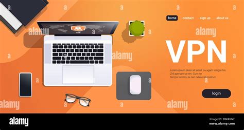 Workplace Desk Top Angle View Laptop With Virtual Private Network Cyber Web Security And Privacy
