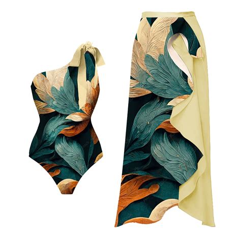 Xuapaodt Summer Two Piece Swimsuitladies Vintage Print Sexy Asymmetric