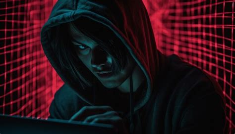 Premium Ai Image Hooded Thief Typing Password Back Lit And Dangerous Generated By Ai