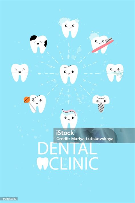 치아 배경 복사 공간이있는 치과 진료소 수평 질감 다양한 건강 충치 귀여운 치아 노란색 흰색 에나멜 칫솔 및 치약 치실 중괄호 및 의치 벡터 0명에 대한 스톡 벡터 아트 및