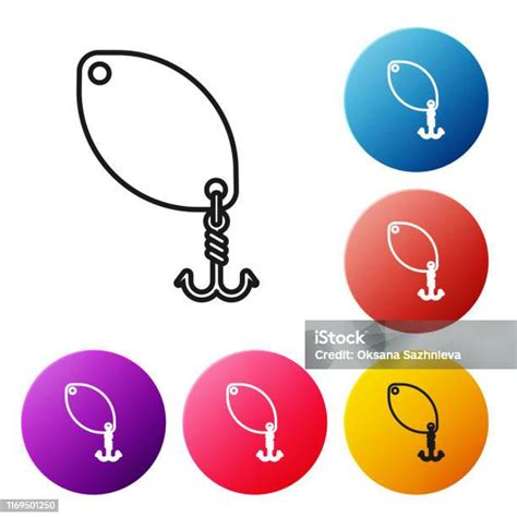 흰색 배경에 고립 된 검은 선 낚시 숟가락 아이콘입니다 물고기 모양의 낚시 미끼 낚시 태클 아이콘 다채로운 원 버튼을 설정합니다 벡터 일러스트레이션 강에 대한 스톡 벡터