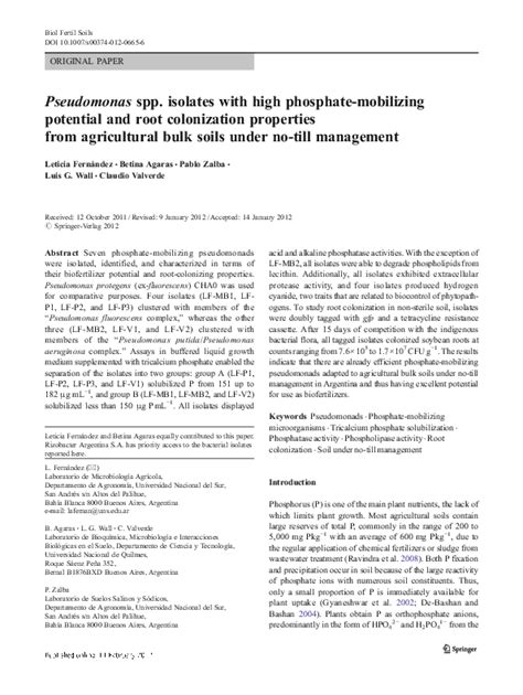 Pdf Pseudomonas Spp Isolates With High Phosphate Mobilizing Potential And Root Colonization
