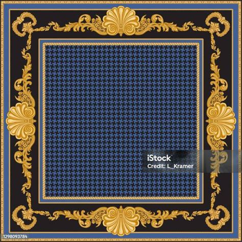 검은 색과 파란색 닭 발 피에드 드 폴 패턴 배경 골드 케이블 그리스 구슬 프리즈 바로크 두루마리에 반다나 인쇄 스카프 네커치크 커추어 카펫 양탄자 매트 팔레트에 패턴