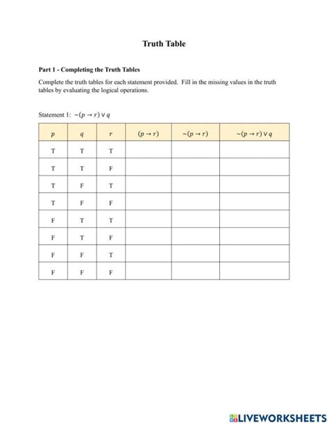 Truth Table Rules Worksheet Free Printable