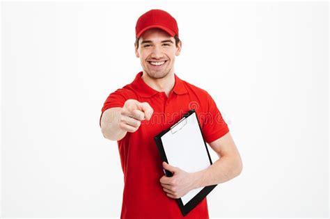 Portrait Of Happy Delivery Man In Red T Shirt And Cap Smiling An Stock