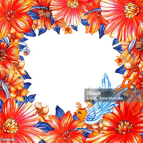 판타지 조류와 꽃 꽂이 수채화 빨간 프레임 엽서용 컴퓨터 프로세싱으로 그리기 그런지 이미지 기법에 대한 스톡 벡터 아트 및 기타