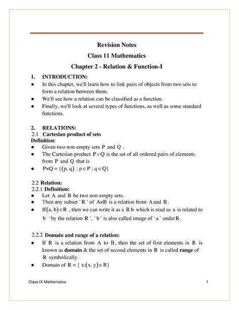 Class 11 Maths Revision Notes Relations And Functions Revision Notes