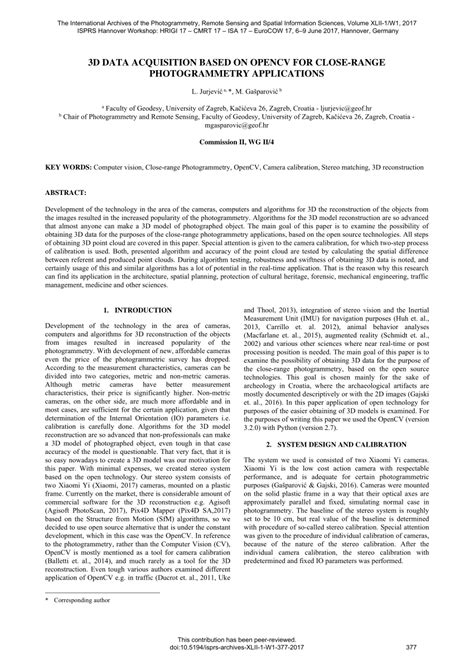 PDF 3D Data Acquisition Based On OpenCV For Close Range