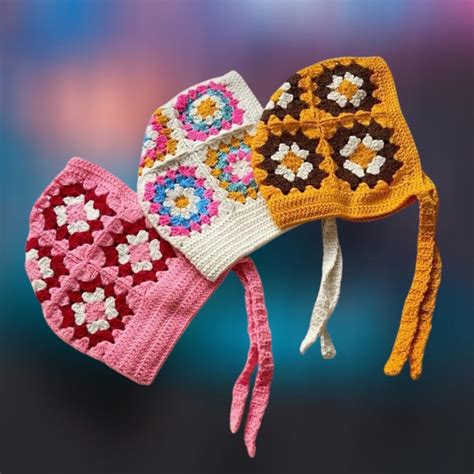 Handmade Crochet Granny Square Bonnet Hat Colorful Winter Balaclava
