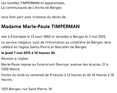 Avis De Décès De Marie Paule Timperman Décédé Le 02 05 2015 à Bierges Annonce Condoléances