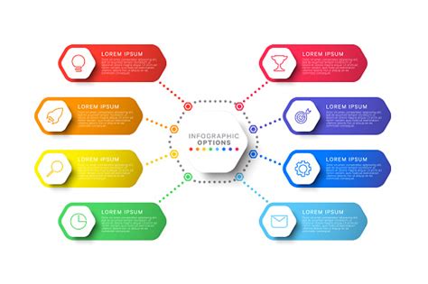 육각 형 요소와 간단한 여덟 단계 디자인 레이아웃 인포 그래픽 템플릿 브로셔 배너 연례 보고서 및 프리젠 테이션을위한 비즈니스