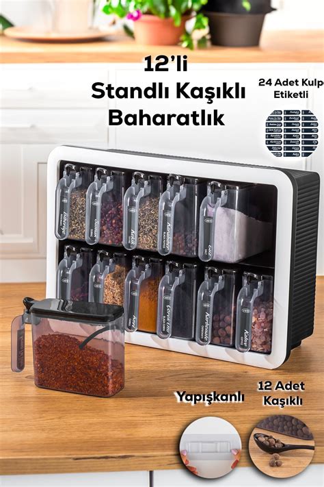 Porsima Simple Standlı 12 Li Kendinden Yapışkanlı Kaşıklı Kapaklı Baharatlık Takımı Etiketli
