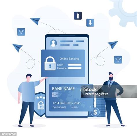 온라인 뱅킹 개념 결제 및 전자 지갑을 안전하게 보호합니다 로그인 및 암호 페이지를 보유한 사용자 Brand Name Mobile Payment에 대한 스톡 벡터 아트 및