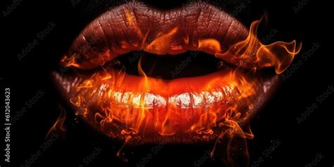 Sexual Red Lips With Fire Flame Isolated On Black Backgroundhot Kissa Fiery Kiss Ai Generated