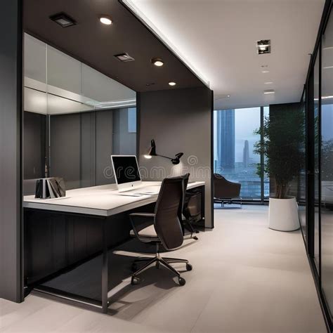 A Sleek Modern Office With Glass Walls Minimalist Desks And Ergonomic Chairs1 Stock