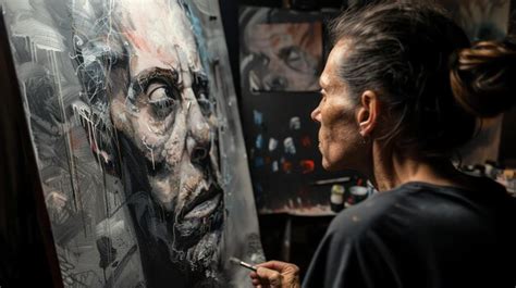 A Female Artist Is Adding Detail To A Large Abstract Portrait Painting