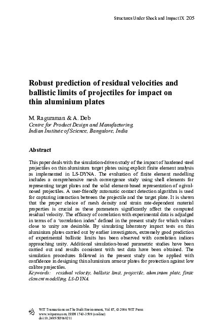 Pdf Robust Prediction Of Residual Velocities And Ballistic Limits Of Projectiles For Impact On