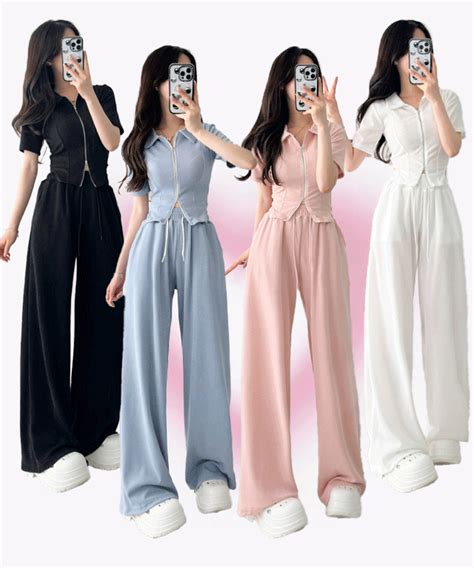 당일🚀 여름ver🧊개미허리set 골지 투웨이 카라집업3단 하이웨스트 와이드팬츠 사선 절개 옆트임 스퀘어 밑단 하체보정 하체