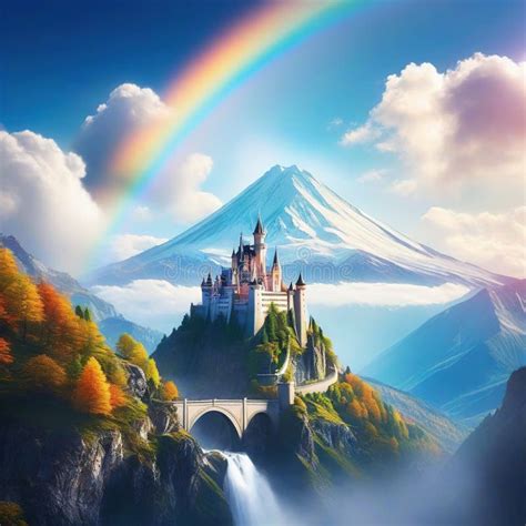 Unleashing The Mystical A Fantasy Castle In The Clouds With Rainbow