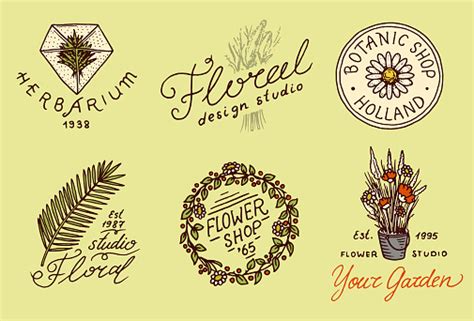 꽃 숍 엠 블 럼과 밝은 아이콘 빈티지 부케입니다 원 예 징후와 아름다움 복고풍 라벨 손으로 그린 배지 꽃 웨딩 템플릿입니다 0명에 대한 스톡 벡터 아트 및 기타 이미지
