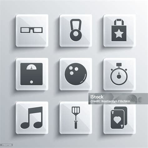 주걱 카드 놀이 스톱워치 볼링 공 음악 노트 음색 욕실 저울 시네마 안경 및 종이 쇼핑백 아이콘을 설정합니다 벡터 건강한 생활방식에 대한 스톡 벡터 아트 및 기타 이미지