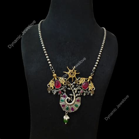 Brass Mix Indian Oxidized Dual Tone Stone Work Pendent Set Medium At