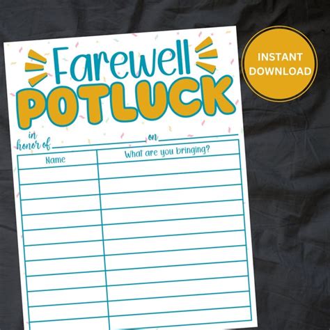 Retirement Potluck Sign Up Sheet Etsy