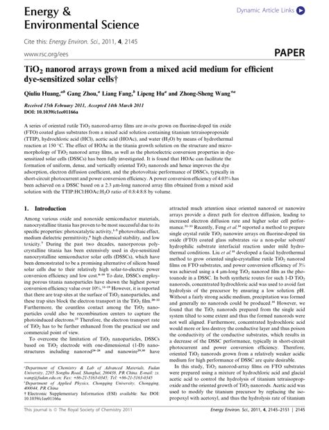Pdf Tio2 Nanorod Arrays Grown From A Mixed Acid Medium For Efficient Dye Sensitized Solar Cells