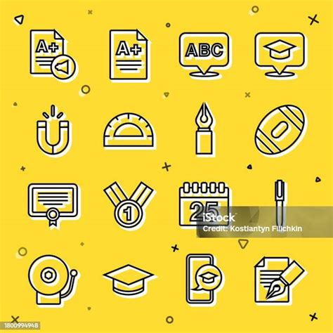 세트 라인 시험 시트와 연필 펜 미식 축구 공 알파벳 각도기 그리드 자석 플러스 등급 및 분수 펜촉 아이콘 벡터 3위에 대한 스톡 벡터 아트 및 기타 이미지 Istock