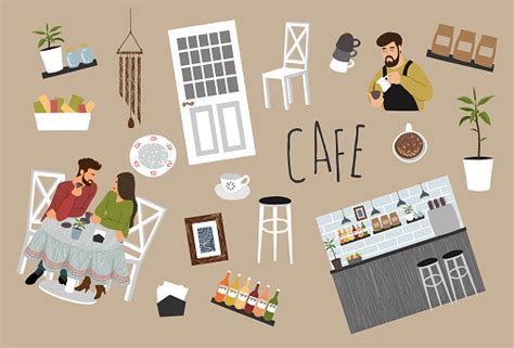 커피 숍의 주제에 고립 된 개체의 번들 테이블에서 커피를 마시는 부부 바리스타 음료 가구 요리를 준비 귀여운 벡터 손으로 그린