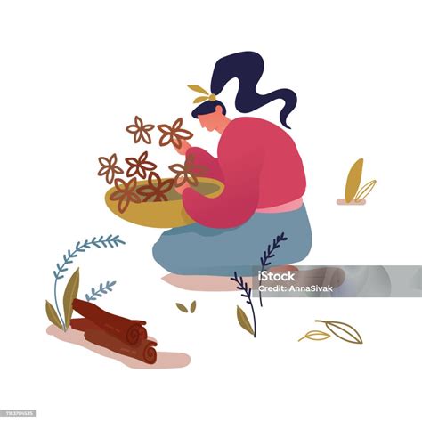허브 의학 이나 요리에 대 한 숲 또는 정원에서 허브와 꽃을 수집 하는 손에 그릇으로 지상에 앉아 여자 향신료와 조미료 성분 개념 만화 플랫 벡터 일러스트 가득 찬에 대한