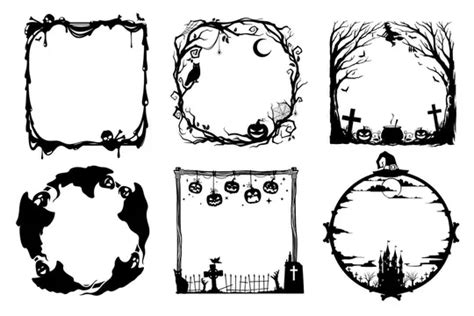 할로윈 휴일 검정 프레임 비행 유령 격리 벡터 빈 둥근 테두리 고함을 지르고 웃는 얼굴을 가진 으스스한 유령의 실루엣이 있는 빈 둥근 테두리 휴일을 위한 포토 프레임 또는