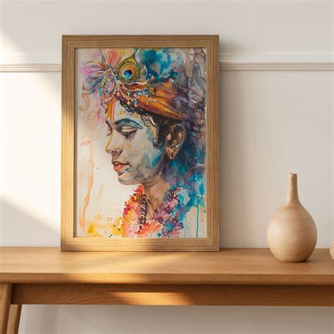 Lord Krishna Watercolour Painting Ethereal Hindu Deity Artwork