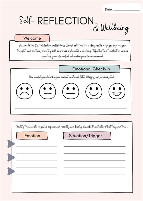 Self Reflection And Wellbeing Worksheet Etsy