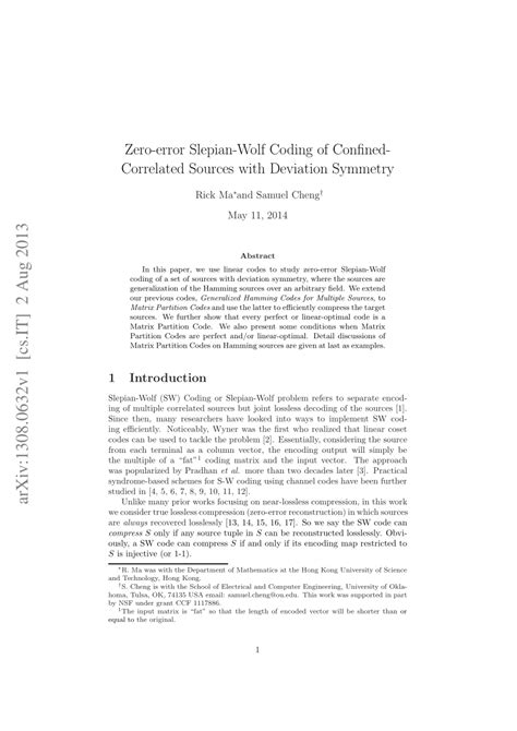 Pdf Zero Error Slepian Wolf Coding Of Confined Correlated Sources With Deviation Symmetry