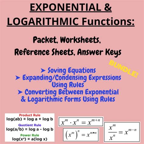 Exponential And Logarithmic Equations Packet Worksheets Reference Sheets Keys