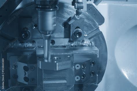 The 5 Axis CNC Milling Machine Hole Boring The Automotive Part With Indexable Tool Stock Photo