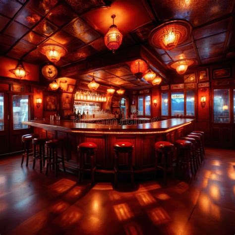 Inside Bar Interior Bright Long Exposure Glowing Lights Stock