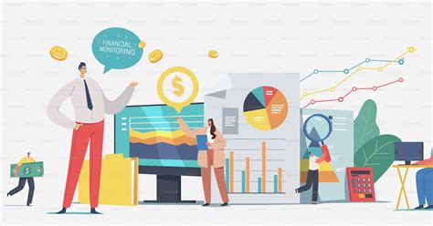 Tiny Business Characters 팀은 거대한 대시보드에서 데이터를 분석하고 재무 모니터링 보고서를 연구합니다 금융