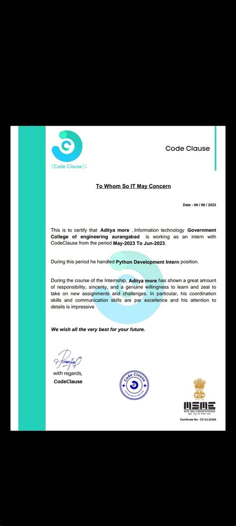 I Am Glad To Announce That I Have Received The Internship Completion