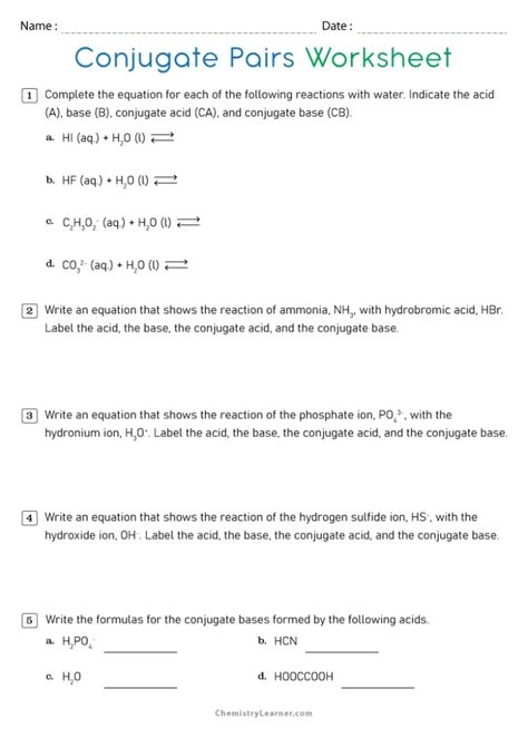 Free Printable Conjugate Acid Base Pairs Worksheets