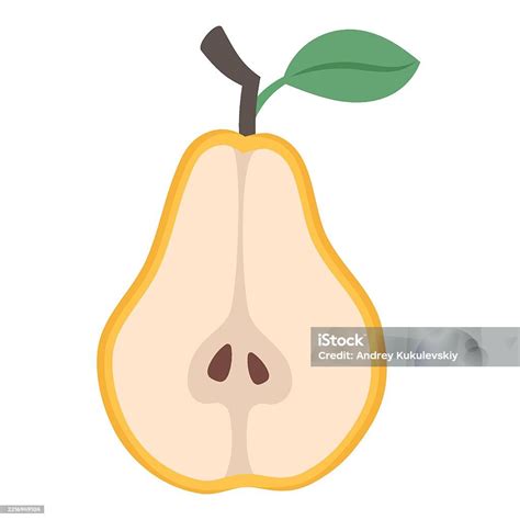 씨앗과 녹색 잎이 있는 노란색 배의 절반 플랫 벡터 스타일 인테리어 포스터 배너 스티커 또는 포장을 위한 미니멀한 과일 일러스트레이션 0명에 대한 스톡 벡터 아트 및 기타