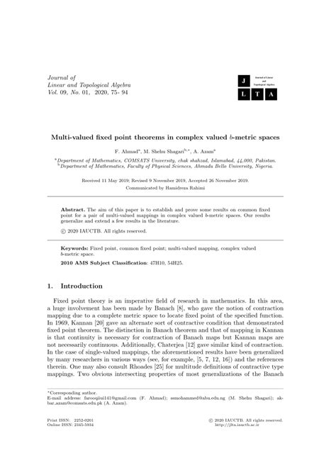 Pdf Multi Valued Fixed Point Theorems In Complex Valued B Metric Spaces