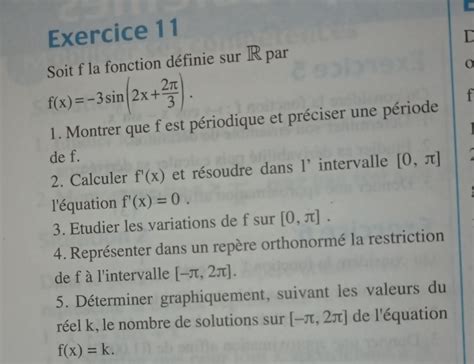 Exercice 11 Soit F La Fonction Définie Sur ℝ Par F X 3 Sin 2 X 2 π 3 1 Montrer Que F Est
