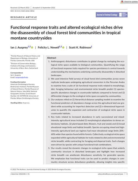 Pdf Functional Response Traits And Altered Ecological Niches Drive The Disassembly Of Cloud