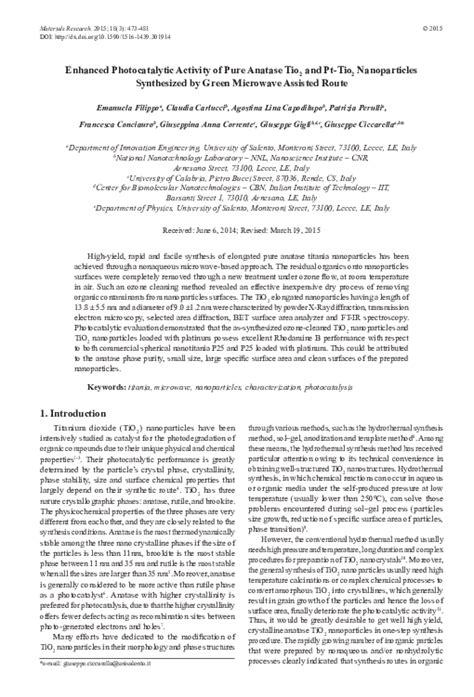 Pdf Enhanced Photocatalytic Activity Of Pure Anatase Tio2 And Pt Tio2 Nanoparticles