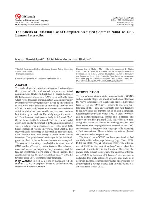 Pdf The Effects Of Informal Use Of Computer Mediated Communication On Efl Learner Interaction