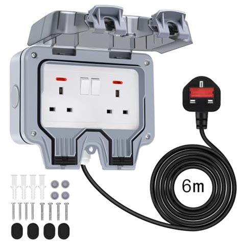 Chilymes Double Outdoor Socket With 6m Extension Lead Outside Plug Socket Ip66 Waterproof
